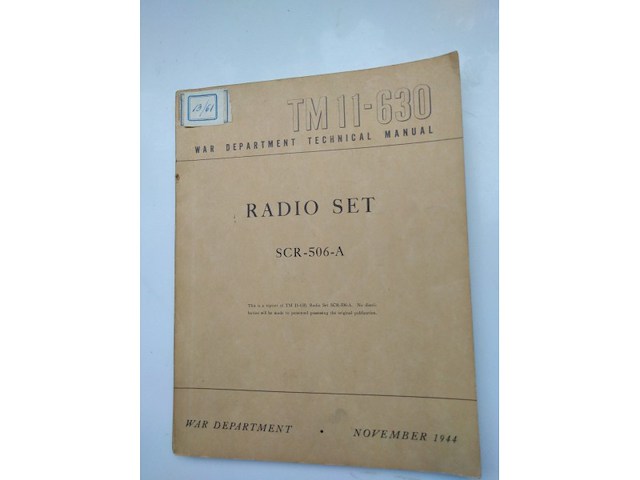 US WW2 Manual TM 11-630 Radio Set SCR-506-A