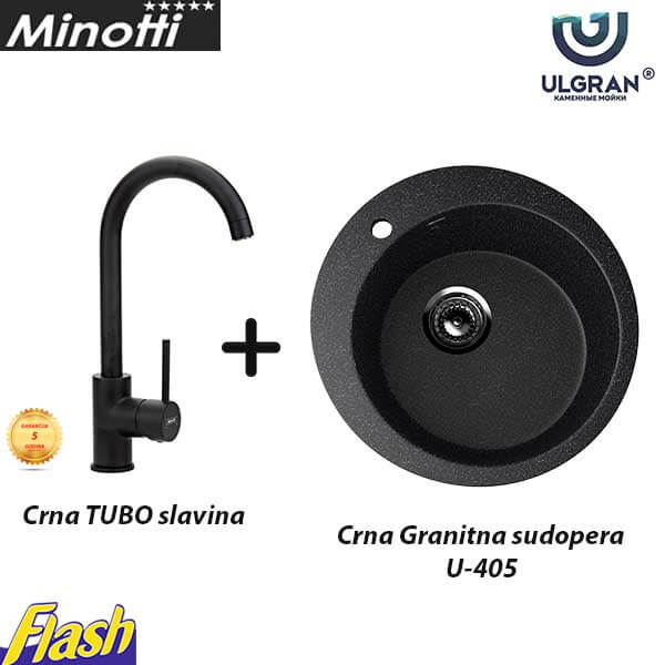 Granitna sudopera okrugla CRNA i Slavina – Minotti i ULGRAN U-405-308