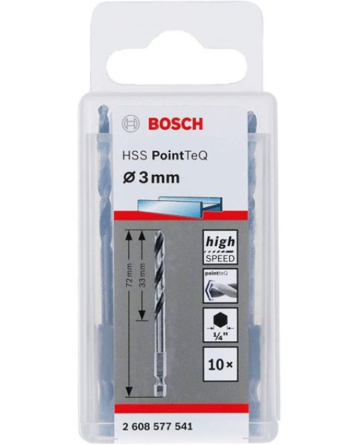 Bosch HSS spiralna burgija PointTeQ 3,0 mm sa šestougaonim HEX prihvatom pakovanje od 10 komada - 2608577541