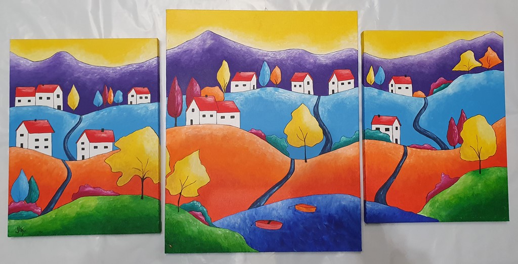 Triptih, akril na platnu, jedna slika 50×40 cm i dve slike su 40×30 cm, Tijana L. , sertifikat, 180 eura