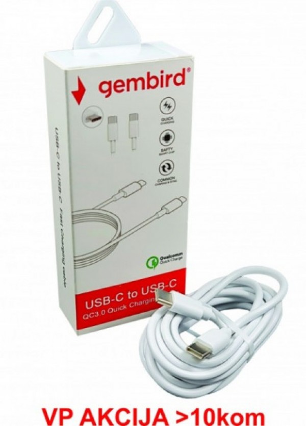 CCP-AMCM-AMCM-1.8M** Gembird USB 2.0 Type-C to Type-C cable (AM/CM), QC3.0, 1.8m WHITE (143)