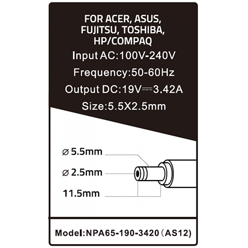 Gembird Laptop charger 65W-19V-3.42A, 5.5x2.5mm black (Alt=AS16) | NPA65-190-3420 (AS12)