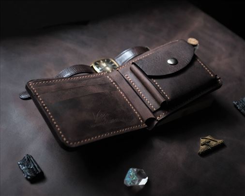 Kožni novčanik tamno braon sa džepom (ručni rad)