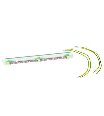 19" Set za uzemljenje, 1HU, 10 ulaza za provodnik
19" grounding set, 1U , 10 grounding points, 4 pieces x 4mm diameter x 40 cm long yellow/green wires, including screws and cage nuts