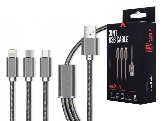 Maxlife kabl 3in1 USB - Lightning + USB-C + microUSB 2.1A, sivi