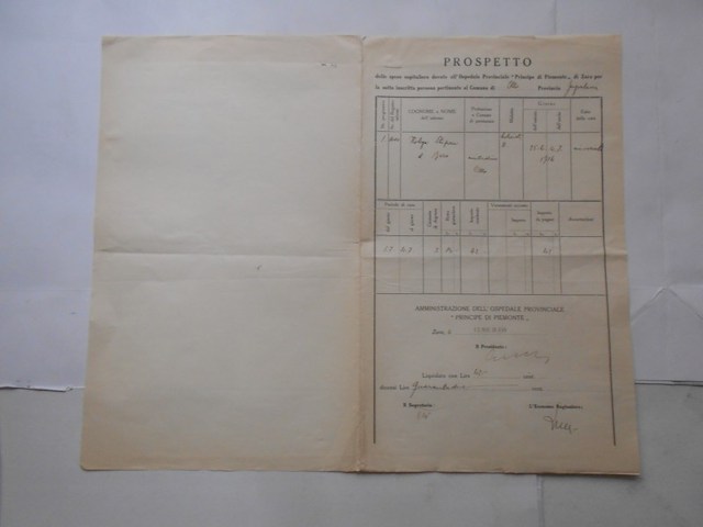 Bolnički račun, Prospetto, ital. 1938.