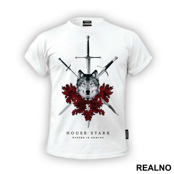 HOUSE STARK - WINTER IS COMING - WOLF AND RED LEAFS - GAME OF THRONES - GOT - MAJICA