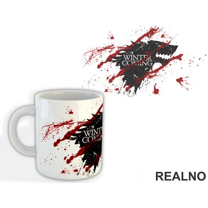 WINTER IS COMING BLACK DIRE WOLF SIGIL WITH BLOOD SPLATTER HOUSE STARK - GAME OF THRONES - GOT - ŠOLJA