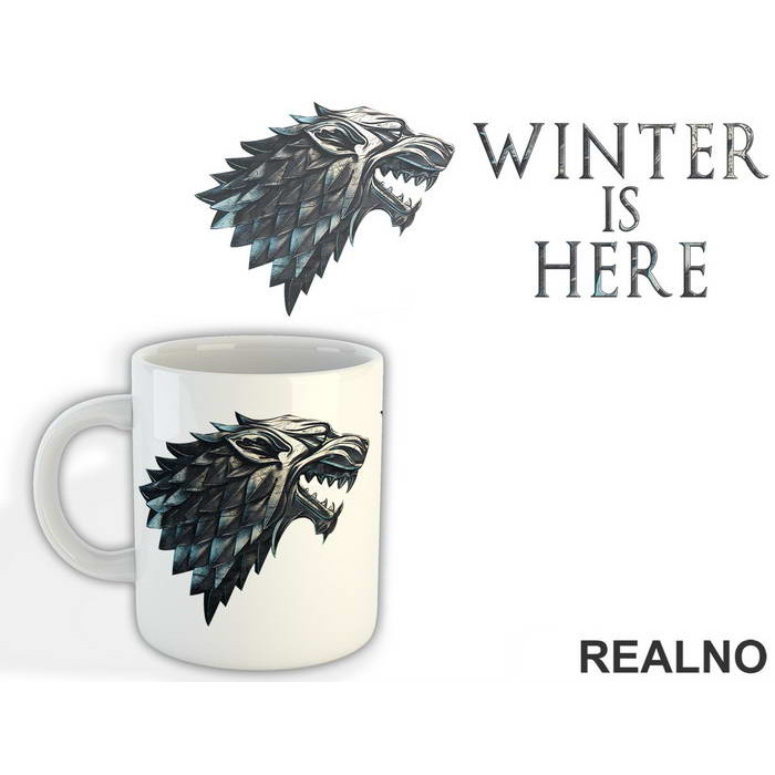 WINTER IS HERE - GRAY DIRE WOLF SIGIL - HOUSE STARK - GAME OF THRONES - GOT - ŠOLJA