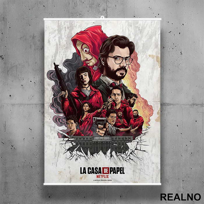 FIRE AND SMOKE GROUP - LA CASA DE PAPEL - MONEY HEIST - POSTER SA NOSAČEM