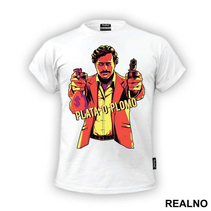 PLATA O PLOMO PABLO ESCOBAR HOLDING A GUN AND A BAG OF MONEY - NARCOS - MAJICA