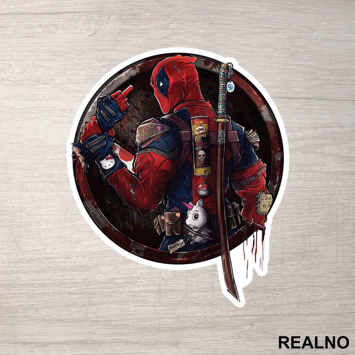 HOLDING HIS OWN HAND WITH A MIDDLE FINGER - DEADPOOL - NALEPNICA