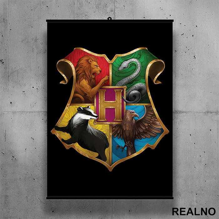 FOUR HOUSES OF HOGWARTS - HARRY POTTER - POSTER SA NOSAČEM