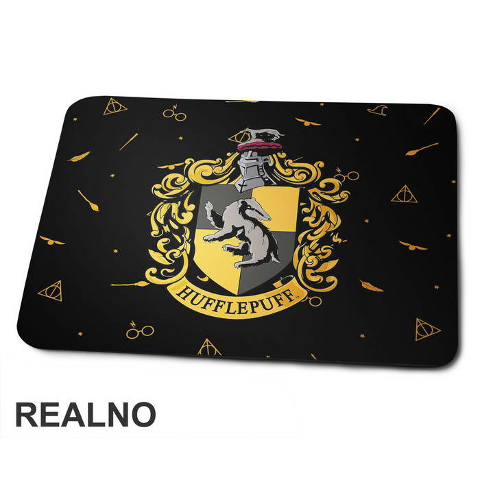 HUFFLEPUFF LOGO WITH BACKGROUND SYMBOLS - HARRY POTTER - PODLOGA ZA MIŠ