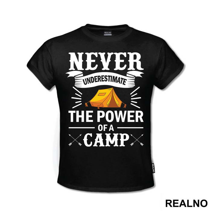 NEVER UNDERESTIMATE THE POWER OF A CAMP - PLANINARENJE - KAMPOVANJE - PRIRODA - NATURE - MAJICA