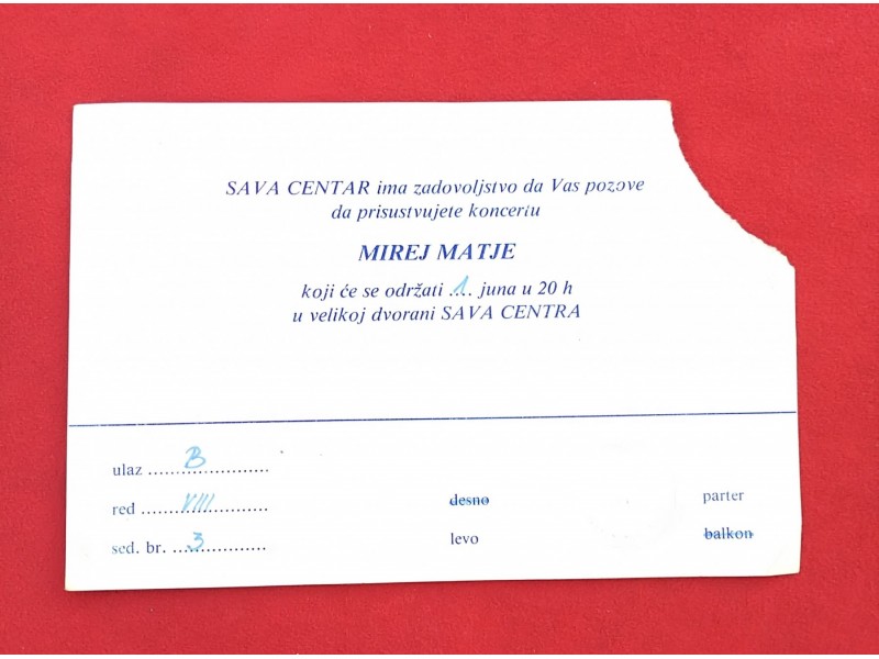 Karta za koncert Mirej Matej Sava Centar 1985 god