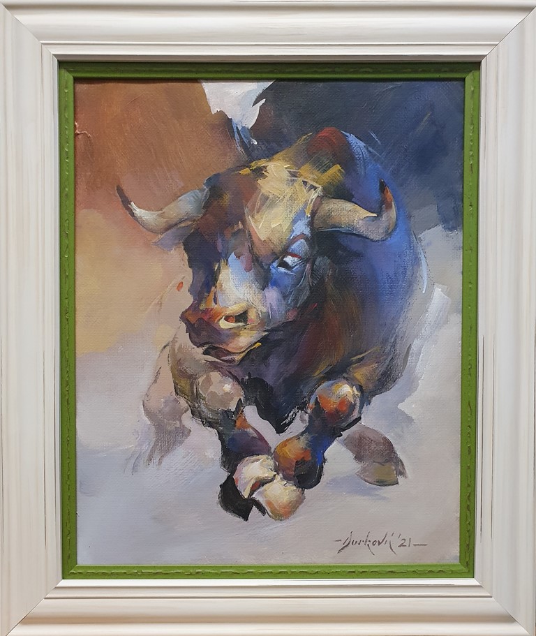 Borbeni bik, k.t. akril ulje na juti, akademski Braca Djurkovic, sa 64×54 cm, bez 50×40 cm, sertifikat, 2021., 94400 dinara