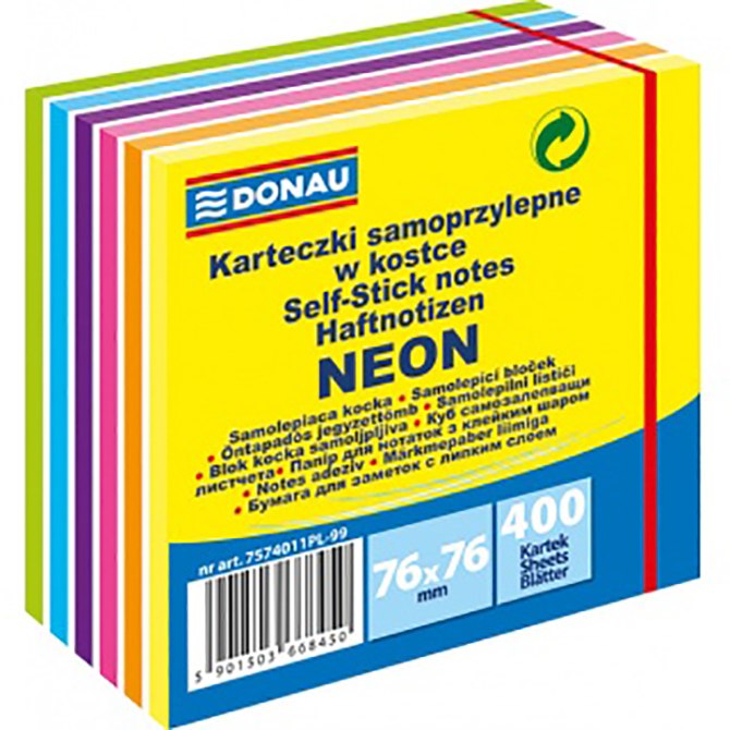 Blok samolepljiv kocka 76x76mm 400L Donau 7574011PL-99 5neon-bela