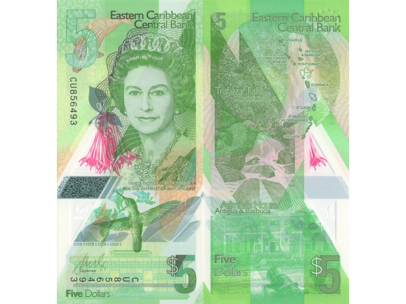 EAST CARIBBEAN Istočni Caribi 5 Dollars 2021 UNC, Polym