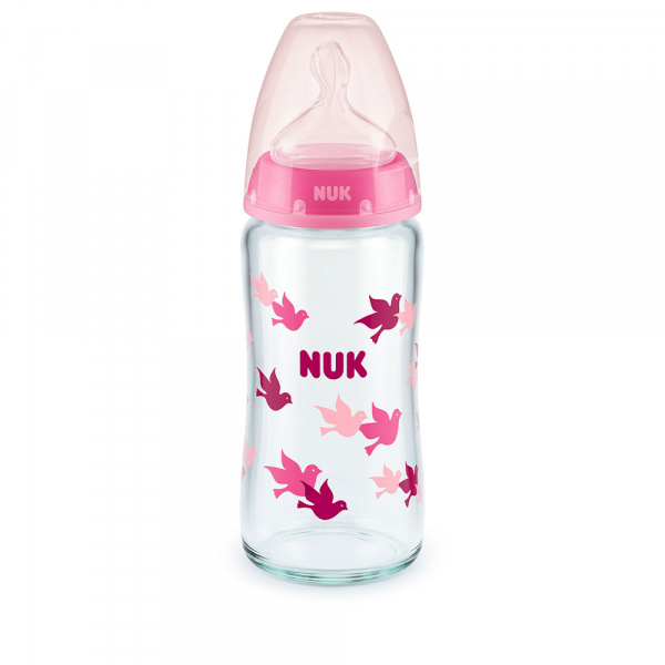 NUK Staklena flašica sa indikatorom temperature 0-6m 240ml Roze