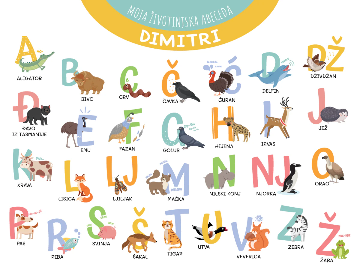 Podmetač Moja životinjska abeceda sa personalizacijom