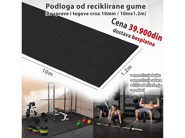 Podloga / podovi za teretane crna 10mm / 10m x1.2m