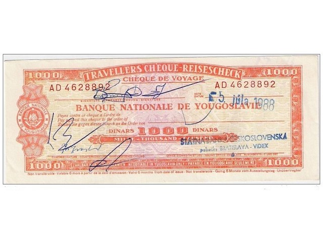 Jugoslavija 1988. Travellers Cheque 1000 dinara
