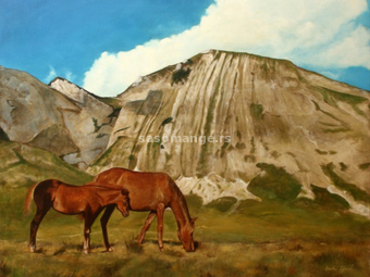 Ulje na Platnu - Divlji Konji 70x90cm - Umetnička Slika - Pejzaž