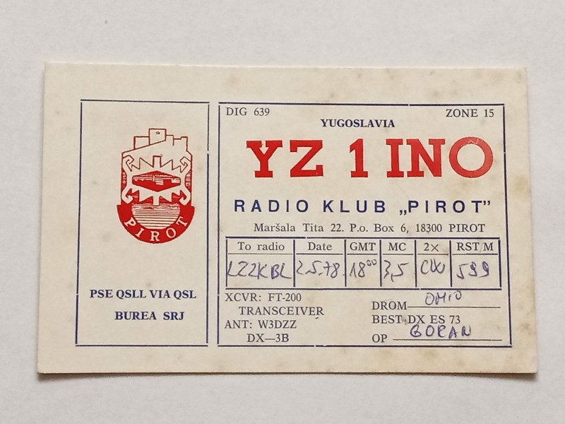 Radio Amateri - Radio Klub Pirot - Jugoslavija -