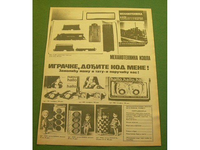 Igračke Mehanotehnika Izola, stara novinska reklama