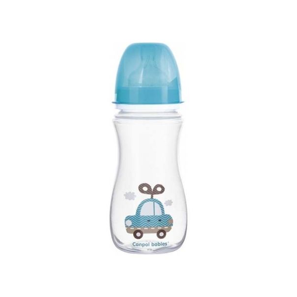 CANPOL Flašica za bebe sa širokim vratom 300 ml, Anticolic - "Easystart"- Igračka plave bojei auto