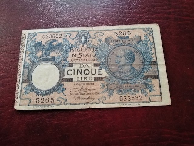 Italija 5 lira 1904