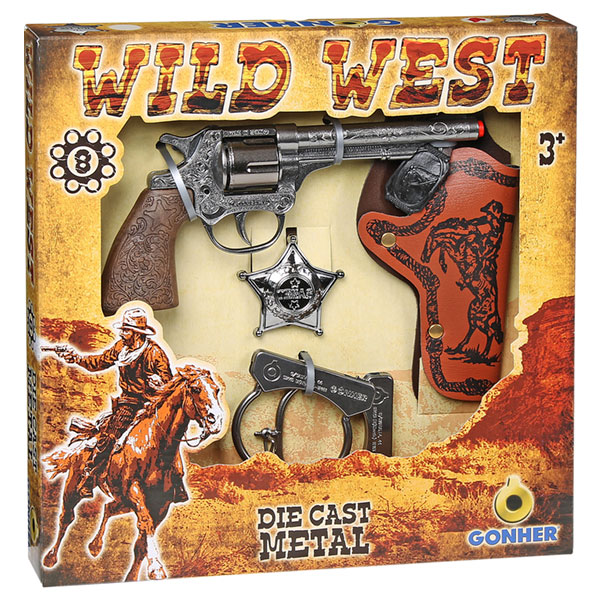 Divlji zapad set oružja sa značkom i lisicama – pistolj na kapisle