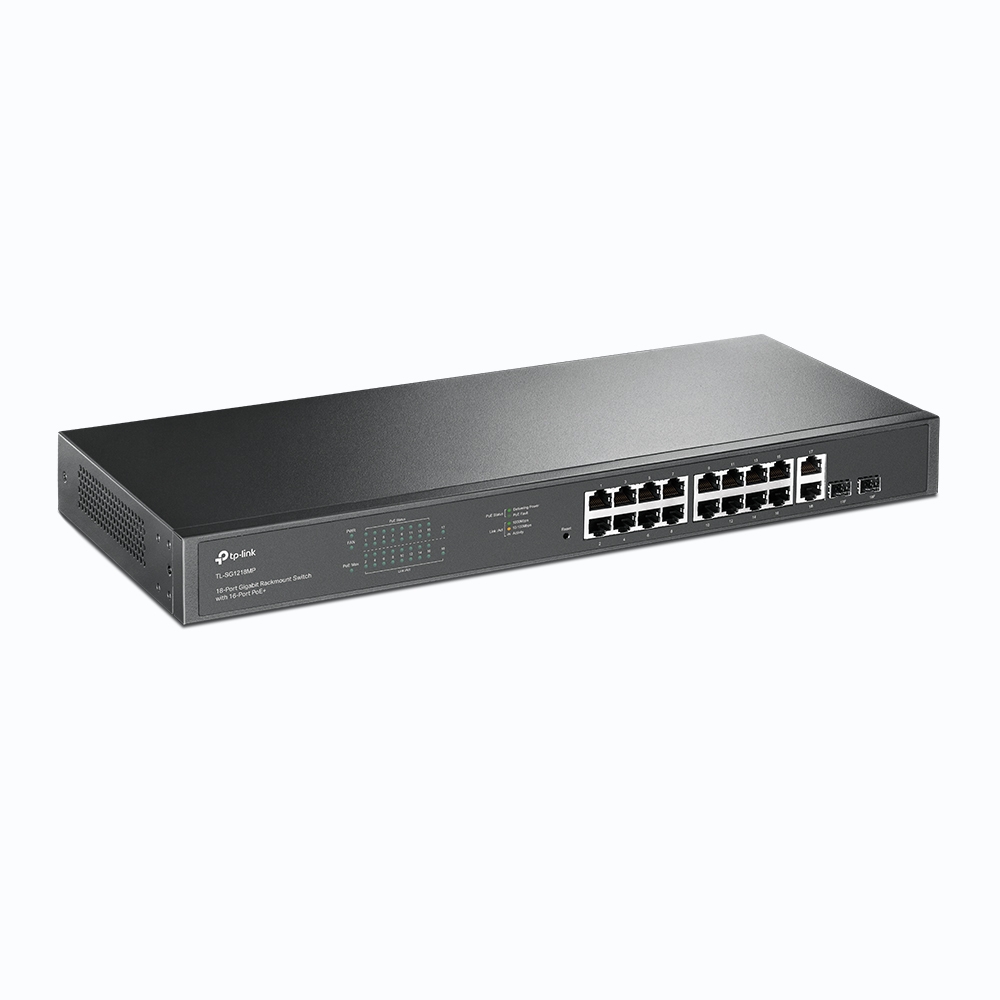 TP-Link TL-SG1218MP PoE+ svič 16-port Gigabit 802.3af/at do 250W (30W po portu) + 2 x Gigabit LAN + 2 x Combo Gigabit SFP slota, Rackmount, 802.1p/DSCP QoS, radna temperatura 0–50℃