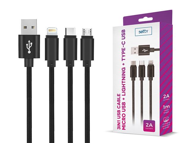 Setty kabl 3in1 USB - Lightning + USB-C + micro USB 2.1A, crni
