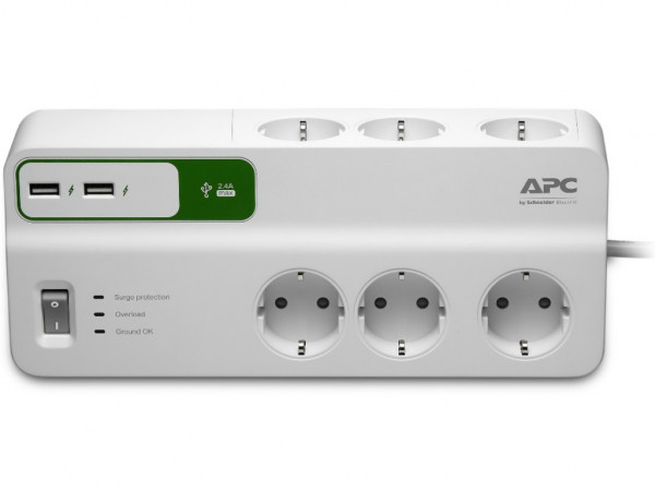 APC Essential SurgeArrest 6 outlets with 5V, 2.4A 2 port USB charger, 230V Germany (PM6U-GR)