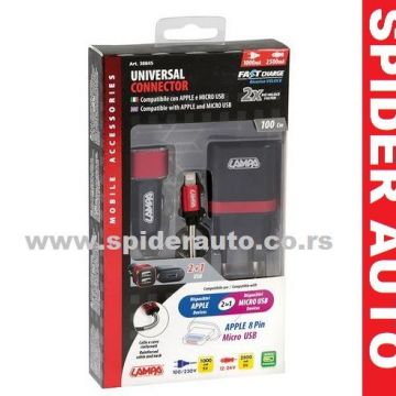 3 U 1 UNIVERZALNI PUNJAČ 12/24 V + 230 V APPLE I MICRO USB
