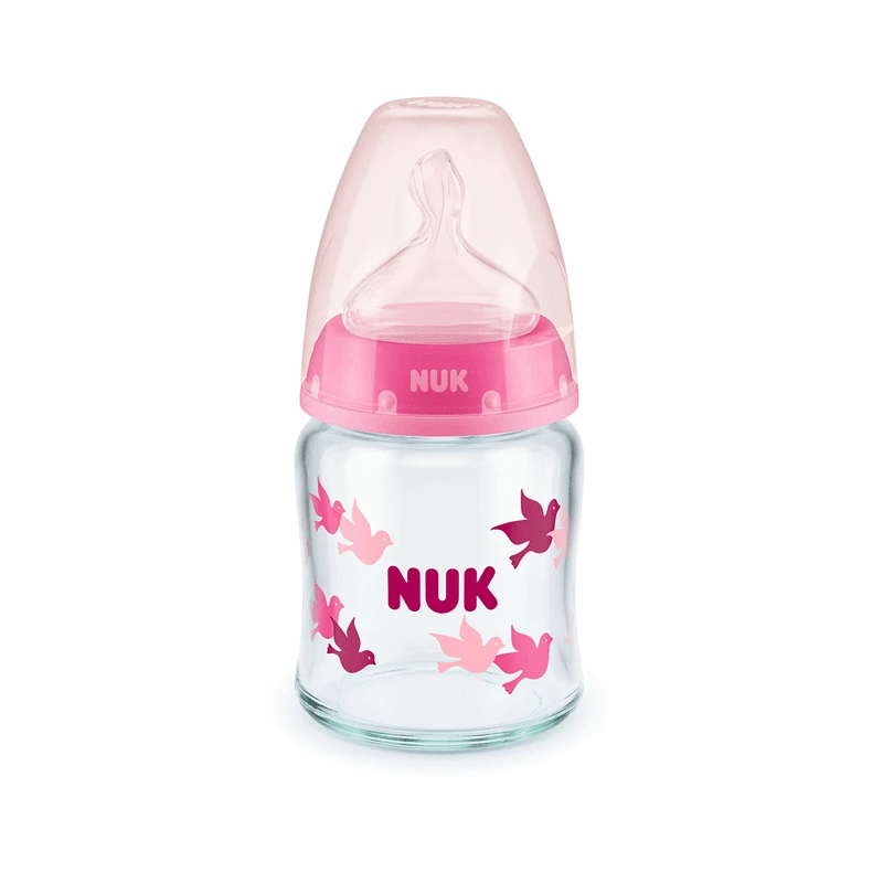 Nuk staklena flašica silikon sa indikatorom temperature Roze, 0-6m