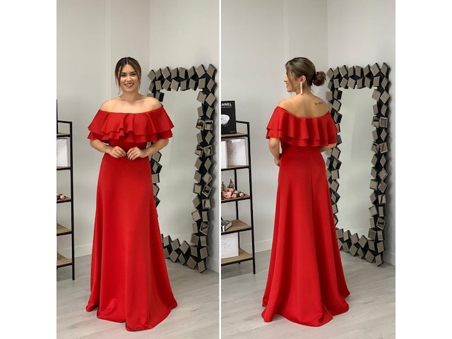 Crvena duga haljina sa karnerima na ramenima