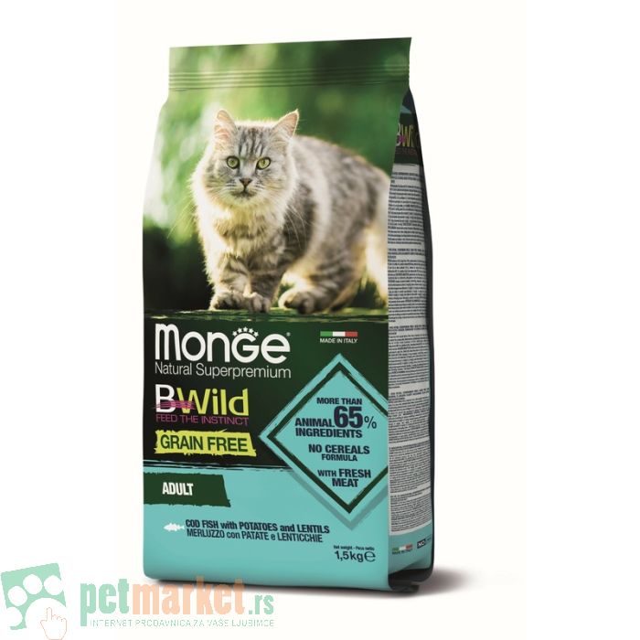Monge Bwild: Hrana za odrasle mačke Adult Grain Free, Bakalar, 1.5 kg