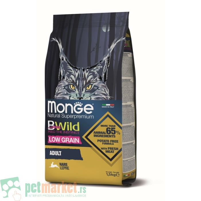 Monge Bwild: Hrana za odrasle mačke Adult Low Grain, Zečetina, 1.5 kg