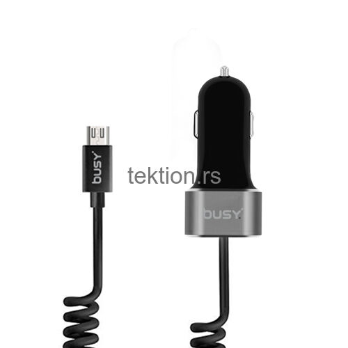 Busy punjač telefona za auto 2,4A sa mikro USB spiralnim rastegljivim kablom za Android i USB priključkom za iPhone 50699