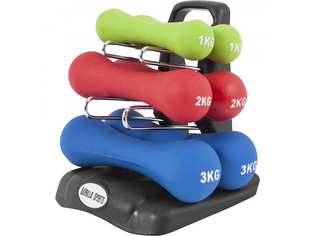 GORILLA SPORTS Set neopren bučica sa stalkom (12 kg)