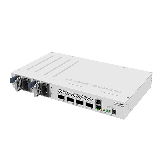 MikroTik CRS504-4XQ-IN L3 upravljiv cloud svič sa 4 x QSFP28 porta na 100GbE / 40GbE / do 16 x 25GbE / 10GbE / 1GbE + 1 x 100Mb/s Ethernet, dva hot-swap napajanja, rack 19" / wall-mount, radna tem...
