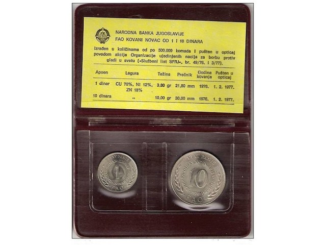 Jugoslavija 1 i 10 dinara 1976. UNC FAO set