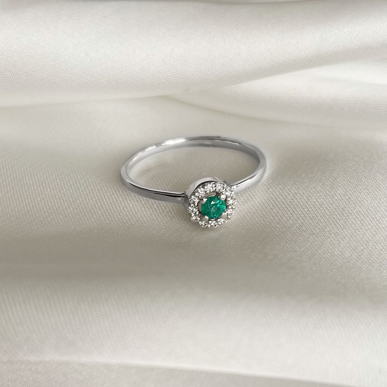 Verenički prsten od belog zlata sa dijamantima 0.072 ct Vs-Gh i smaragdom 0.09 ct