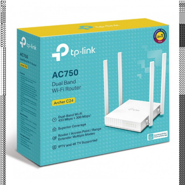 Wireless Router TP-Link Archer C24 AC750 433Mb/s/ext x 4/2.4-5Ghz/1WAN/4LAN