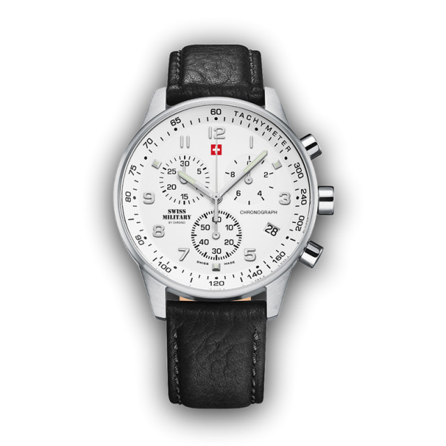 Muški swiss military chrono quartz chronograph beli srebrni sportsko elegantni ručni sat crnim kožnim kaišem ( sm34012.06 )