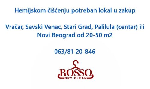 Hemijskom ciscenju potreban lokal u zakupl u centru ili sirem centru Beograda