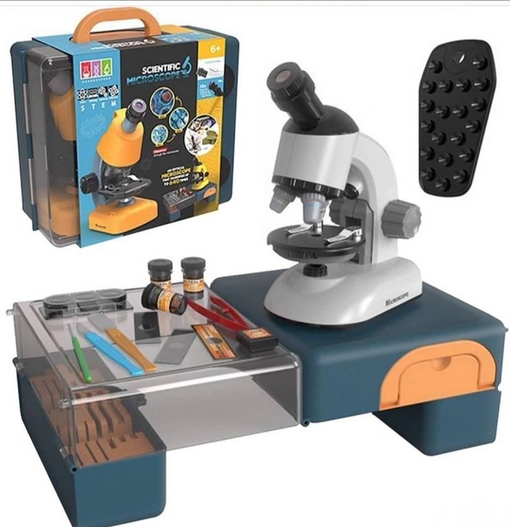 Dečiji mikroskop + sto-kofer sa sočivima u boji sivi